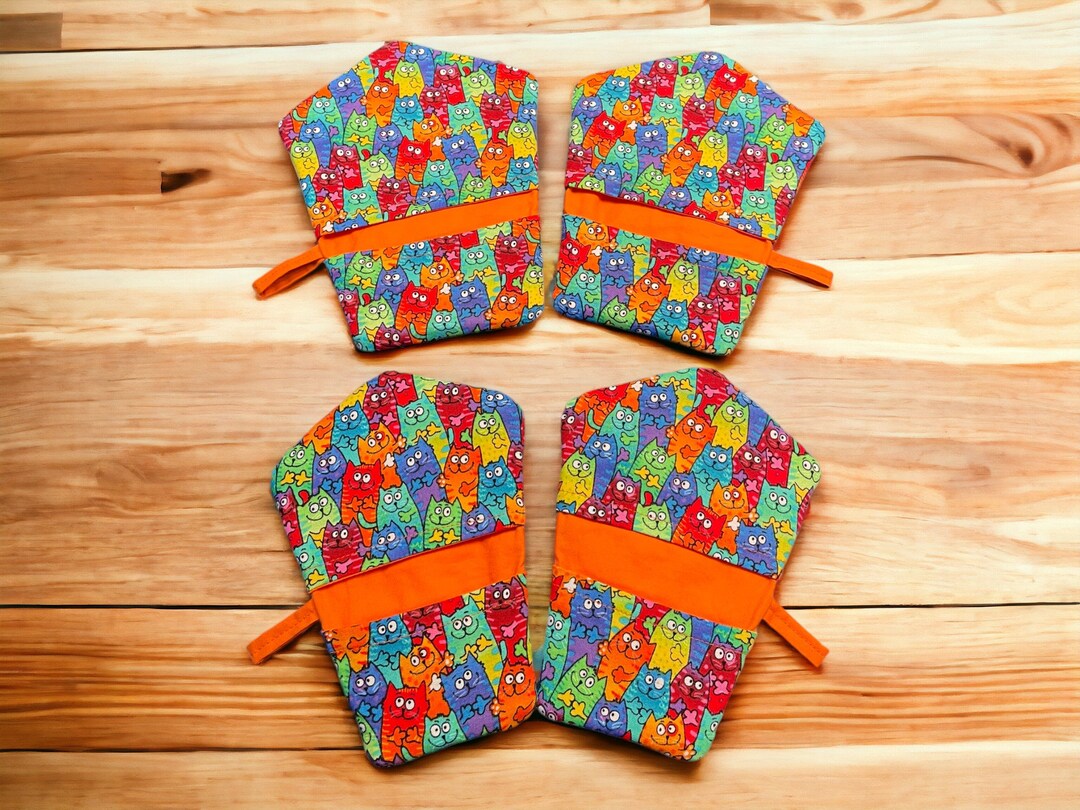 Finger Potholders, Whimsical Cats Pattern, Orange Accent, Set of Two - Etsy