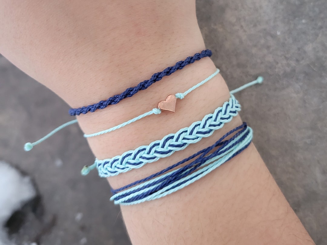Light and Navy Blue Bracelet Set, Blue Waterproof Bracelets, Wax Cord ...