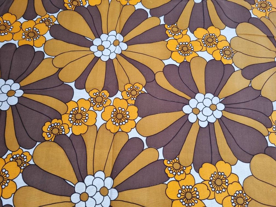 Vintage Fabric 70s Fabric Funky Fabric Cotton Orange Brown Retro flower ...