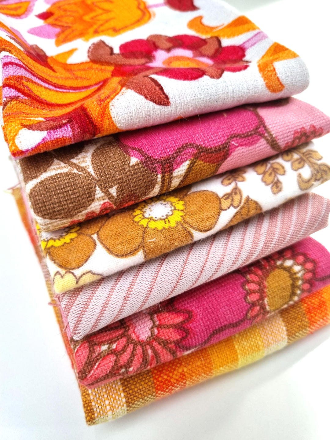 Vintage Fabric Bundle, 70s Fabric, 6 Vintage Fat Quarters, Pink Floral ...