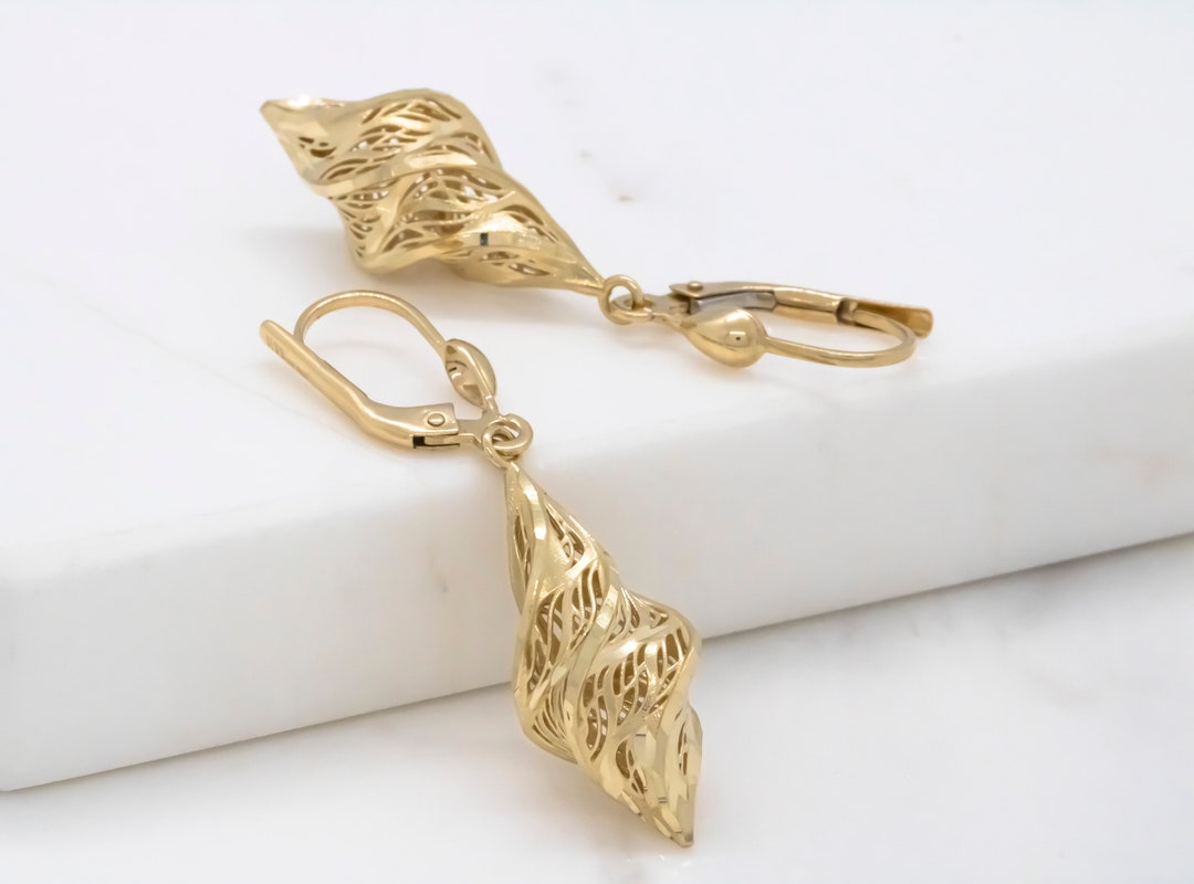 14 Karat Yellow Gold Diamond Cut Mesh Fusion Design Drop Earrings - Etsy