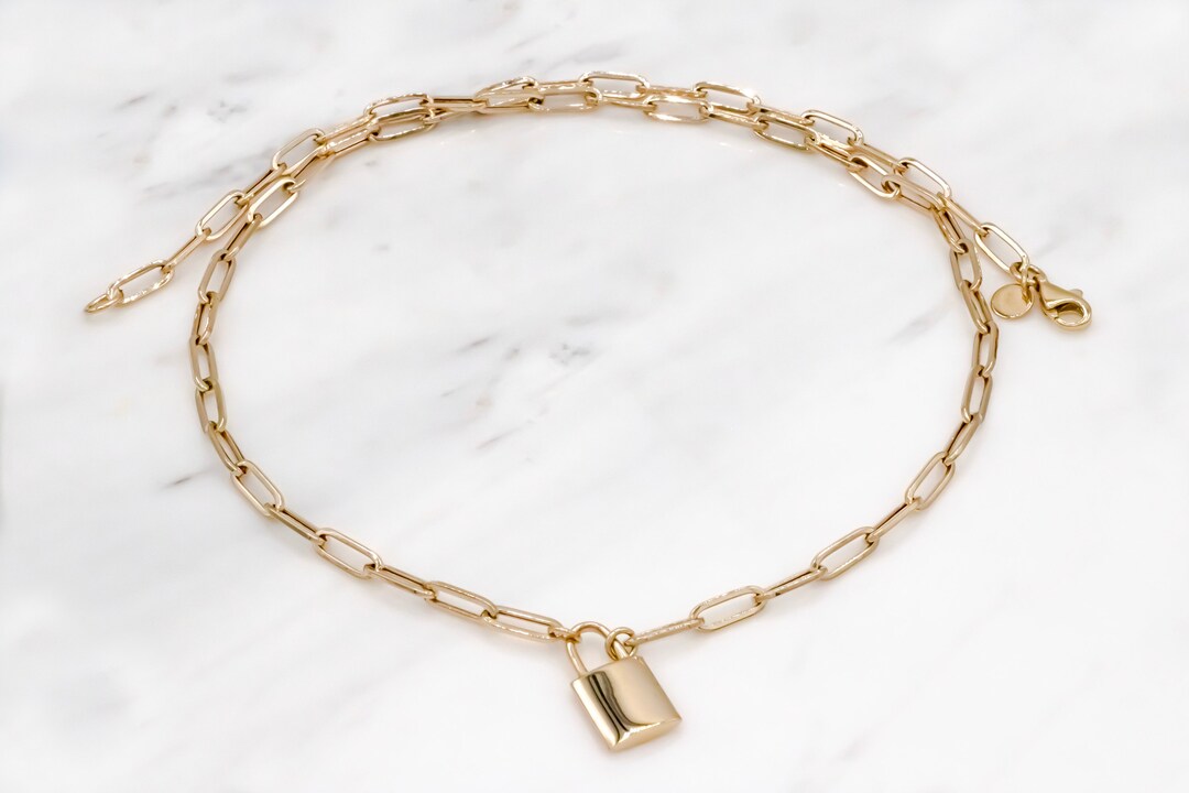 14 Karat Yellow Gold 3mm Thick Paperclip Padlock Necklace - Etsy