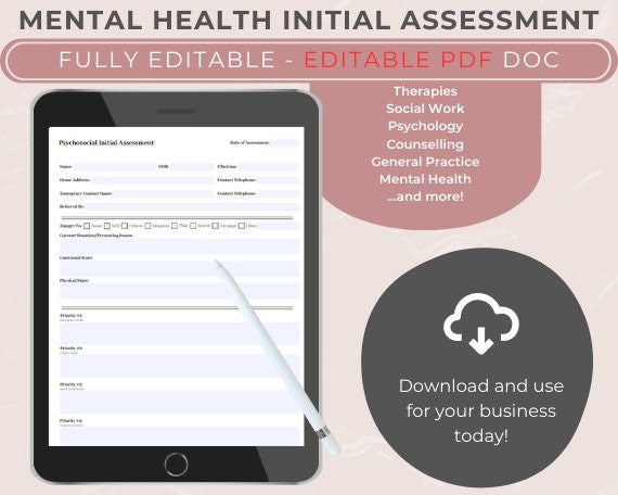 Mental Health Initial Assessment for Professionals Editable PDF for Use ...