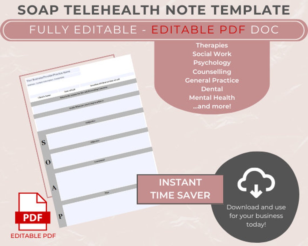 SOAP Telehealth Note Template Editable PDF Client Intake - Etsy