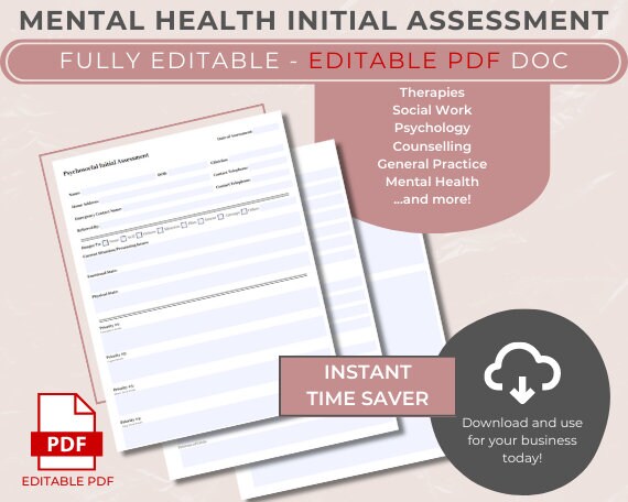 Mental Health Initial Assessment for Professionals Editable PDF for Use ...