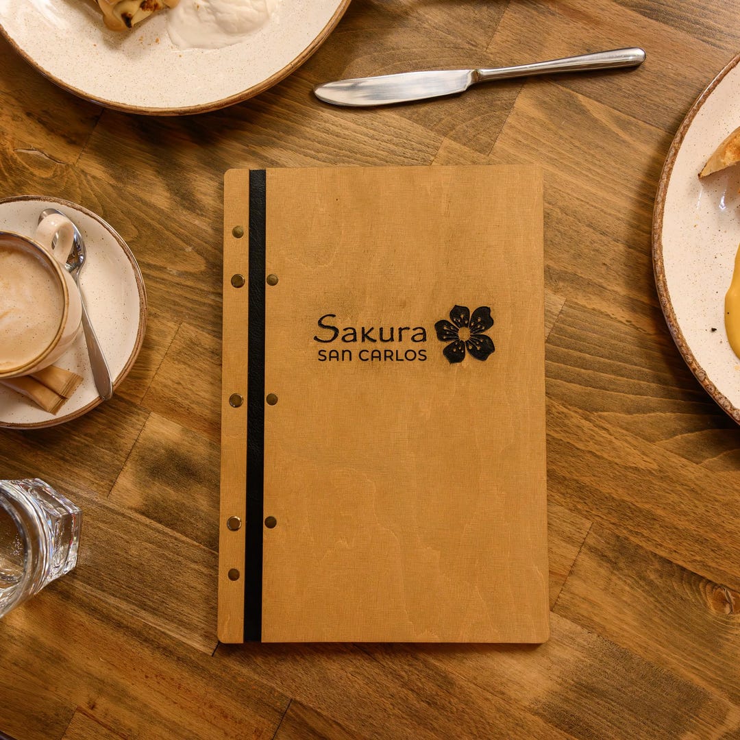Restaurant Menu Cover Book With Leather Strap - Wooden Personalized ...