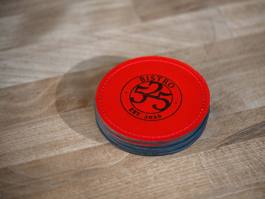 Leather Coaster With Wooden Stand, Set of 5 Pcs, Leather Round Coaster ...