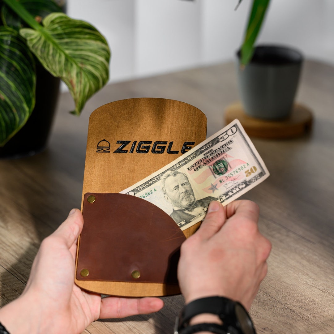 Wooden Bill Holder With Leather Pocket, Check Presenter With Logo ...