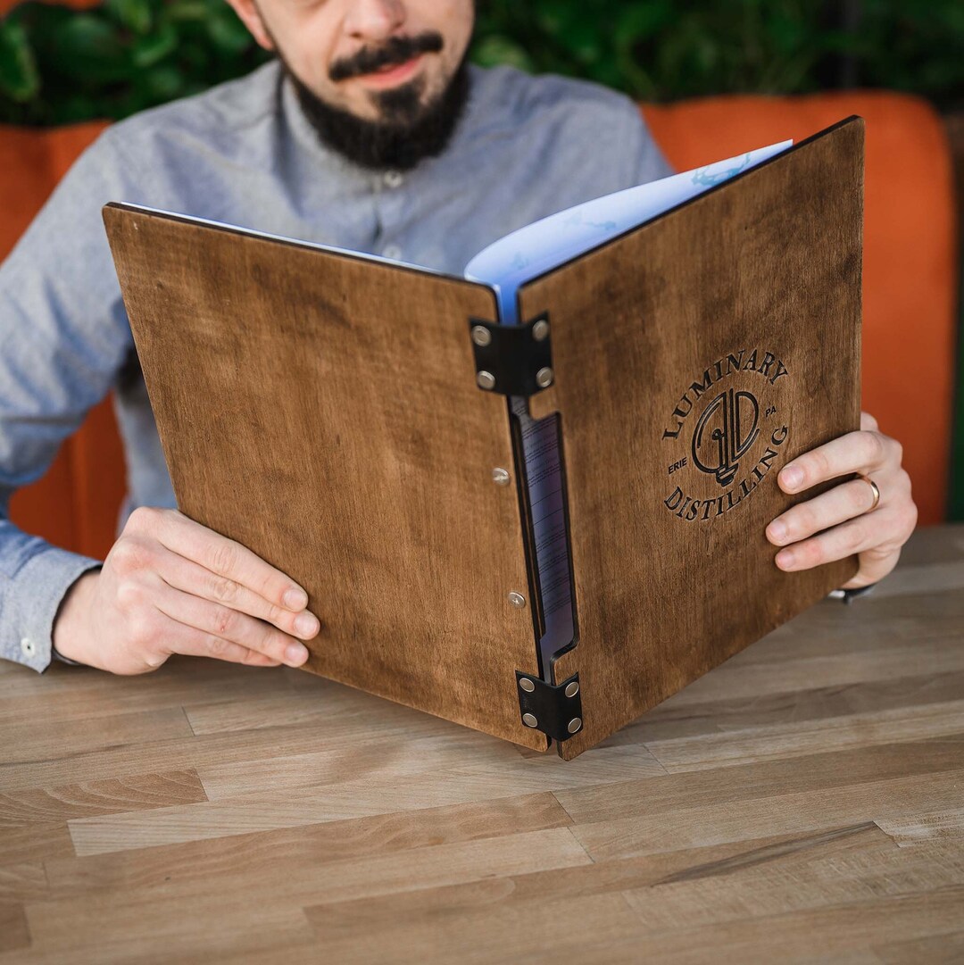 Hardcover Menu Holder for Changeable Sheets, Engraved Wooden Menu ...