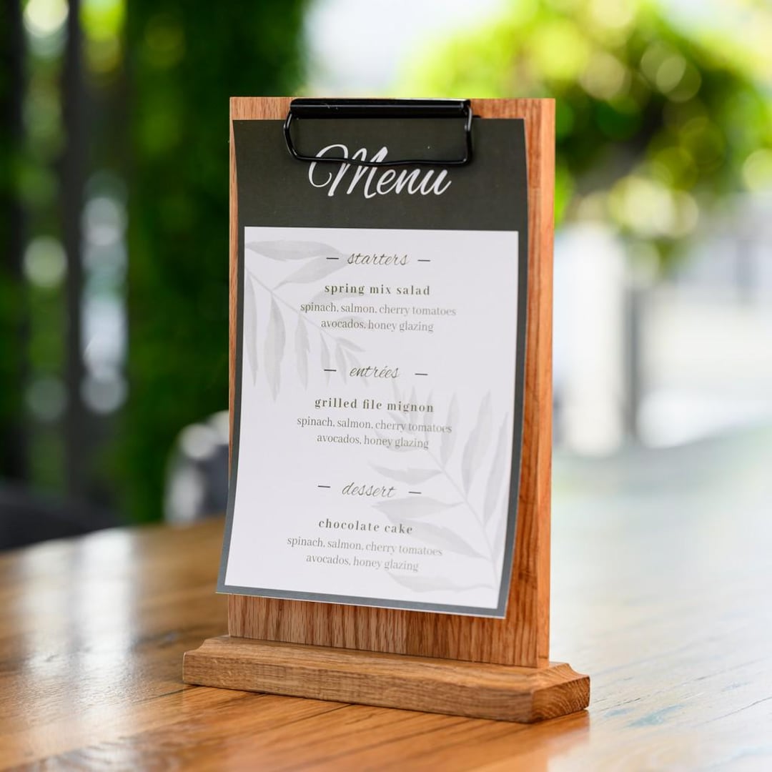 Wooden Table Stand Menu Holder With Black Binder – Oak Menu Board for ...