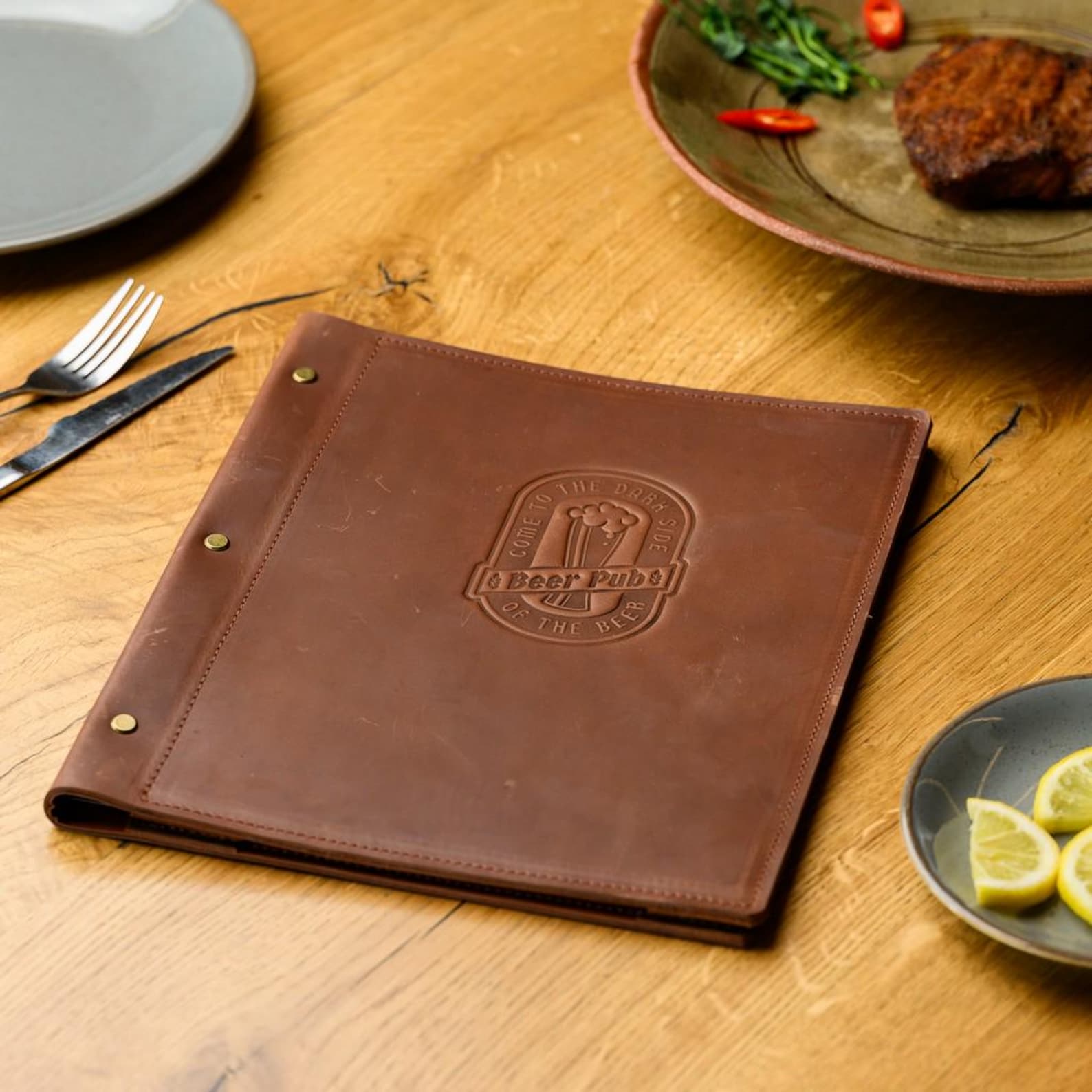 Custom Leather Menu Holder, Restaurant Menu Folio With Logo Embossing ...
