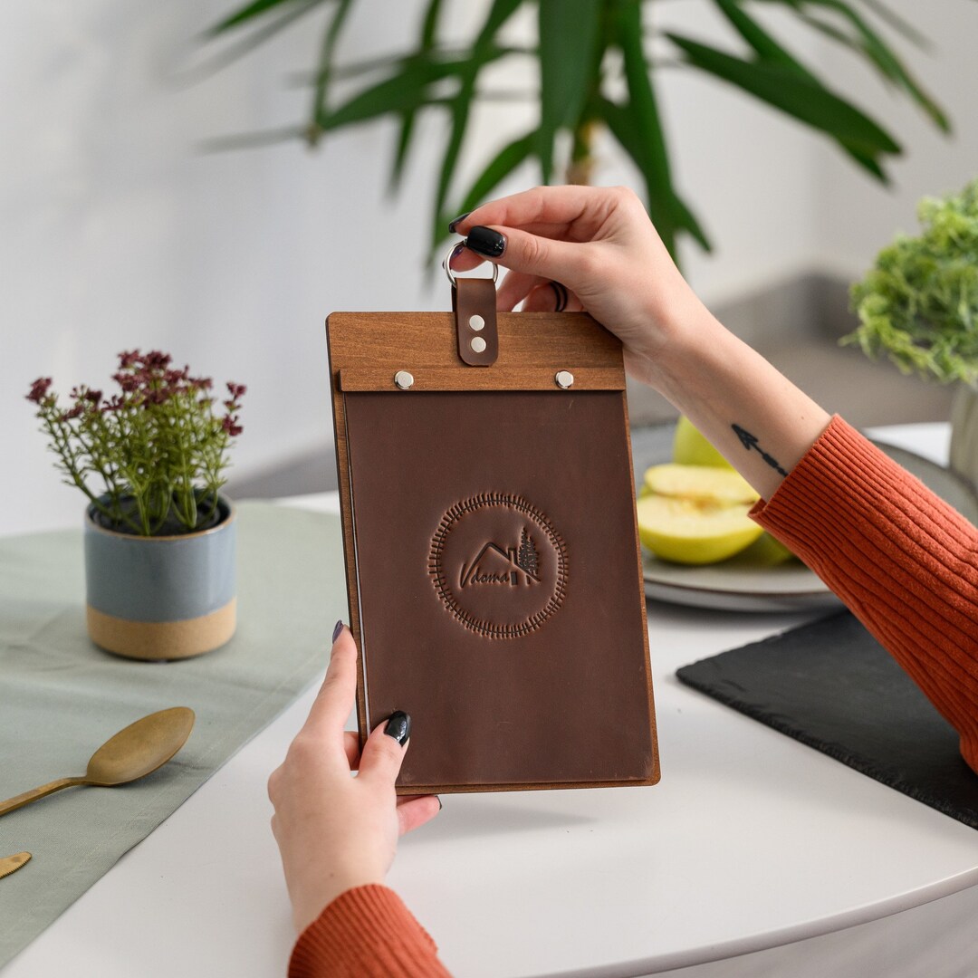 Wooden Menu Holder With Leather Cover, Cafe Bar Menu Cover With ...