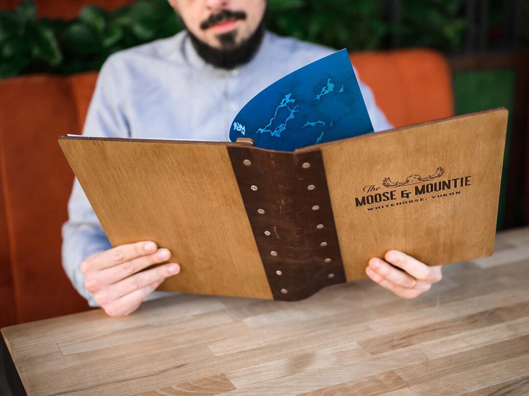 Wooden Menu Folder Fastened on Leather Strap, Personalized Menu Holder ...