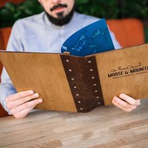 Wooden Menu Folder Fastened on Leather Strap, Personalized Menu Holder ...