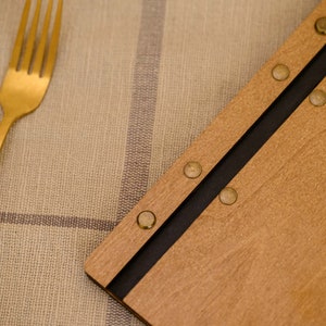 Landscape Menu Folder Fastened on Leather Strap, Wooden Menu Cover With ...