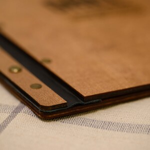 Restaurant Wooden Menu Folder Fastened on Leather Strap, Engraved Menu ...