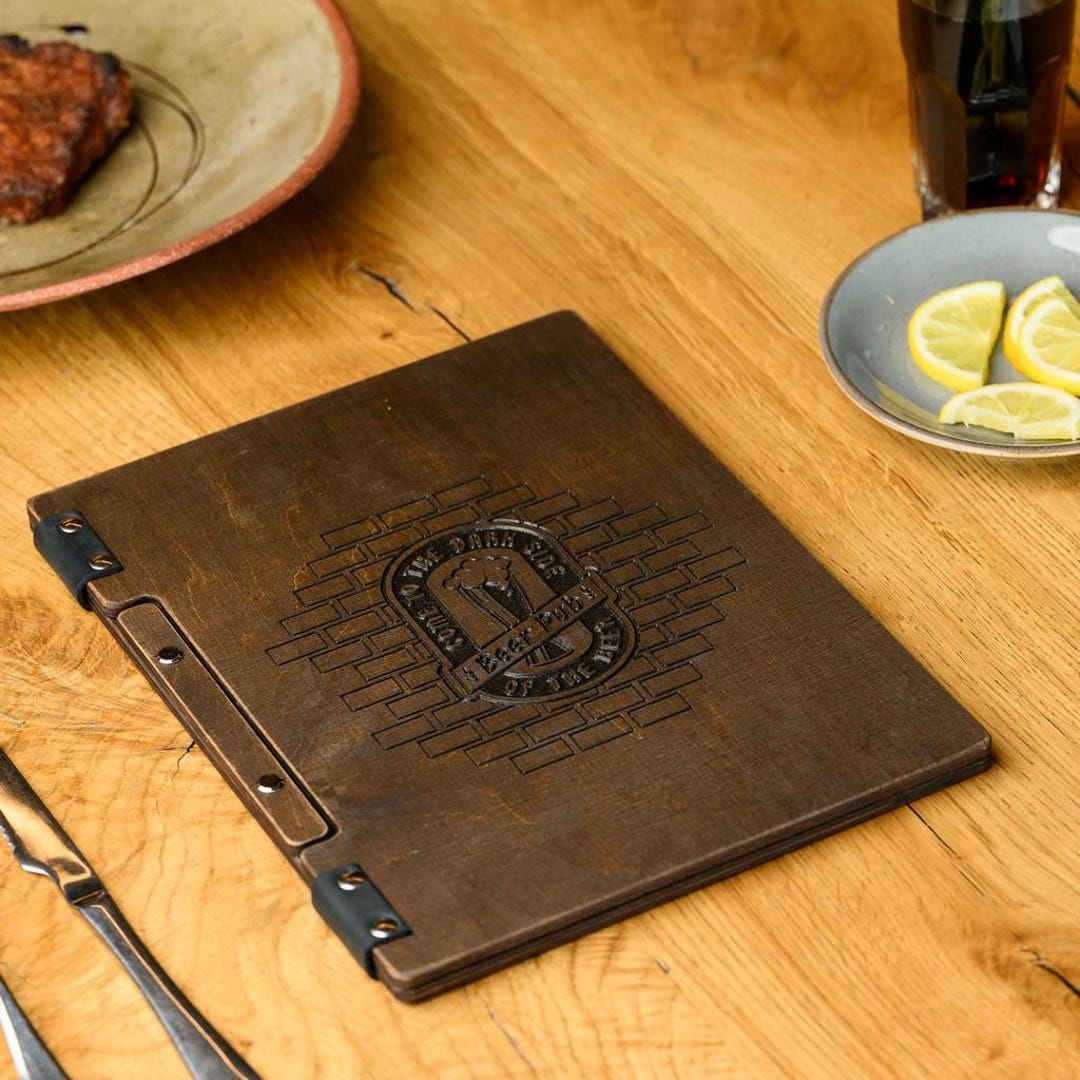 Engraved Wooden Menu Book: Restaurant Menu Holder for Changeable Sheets ...