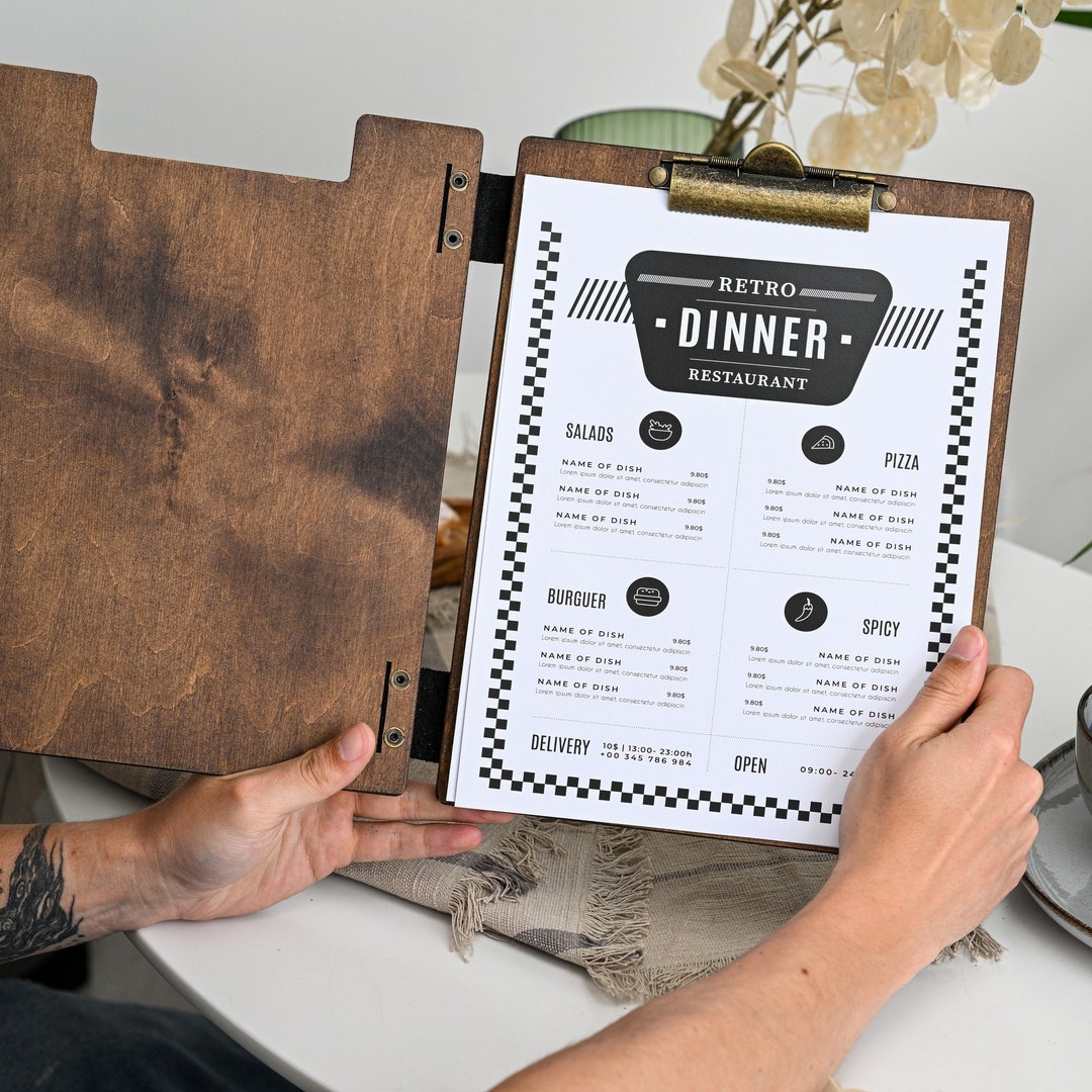 Hardcover Menu Clipboard With Brass Binder, Engraved Wooden Menu Holder ...