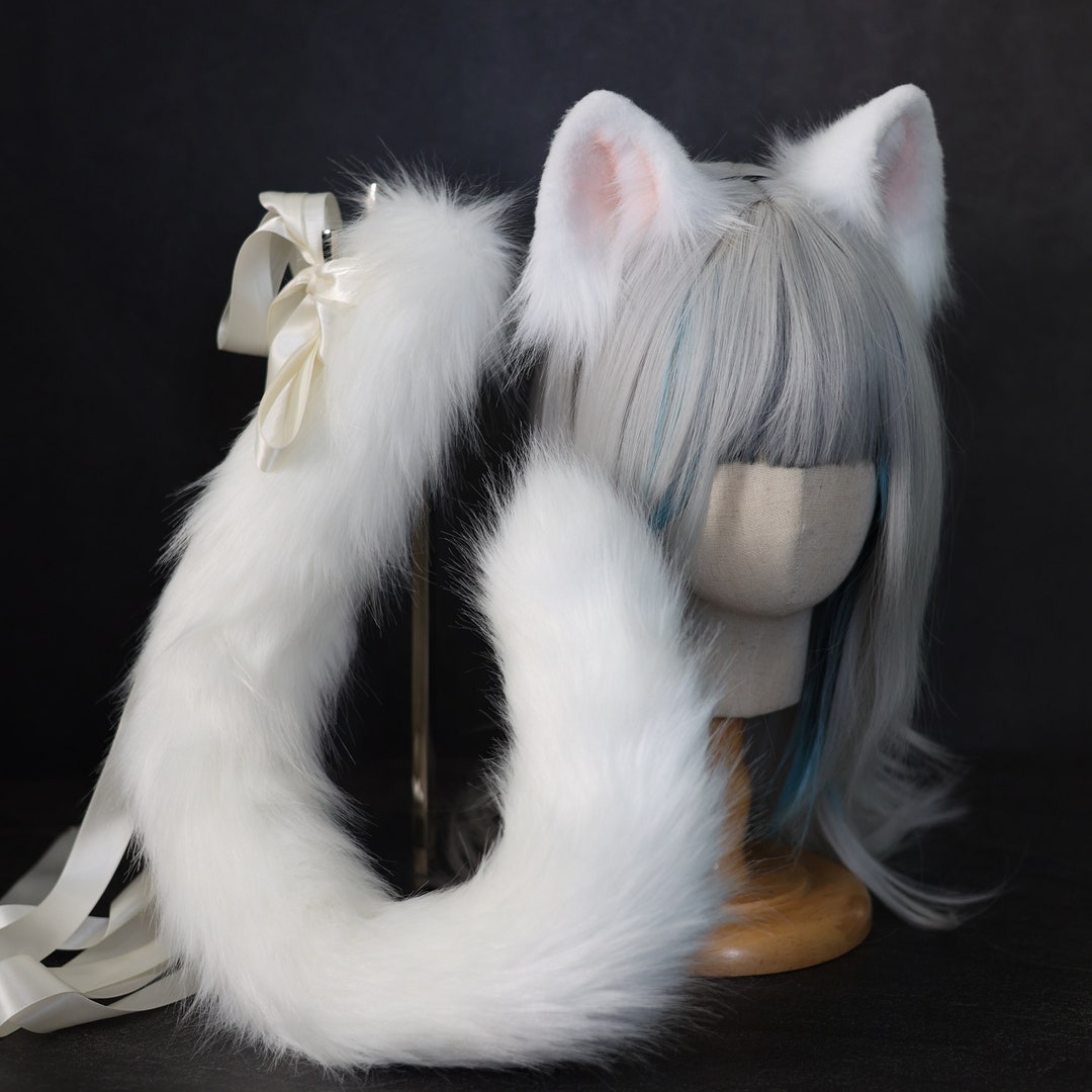Luxury White Cat Ears and Tail Setrealistic Black Ears and - Etsy