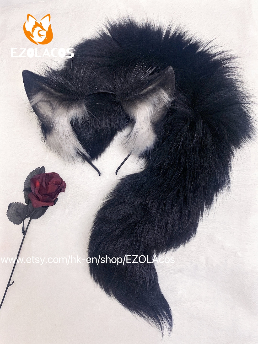 Realistic Black Wolf Ears And Tail Set Cosplayblack Werewolf Ear Headbandwolf Tailwhitegray