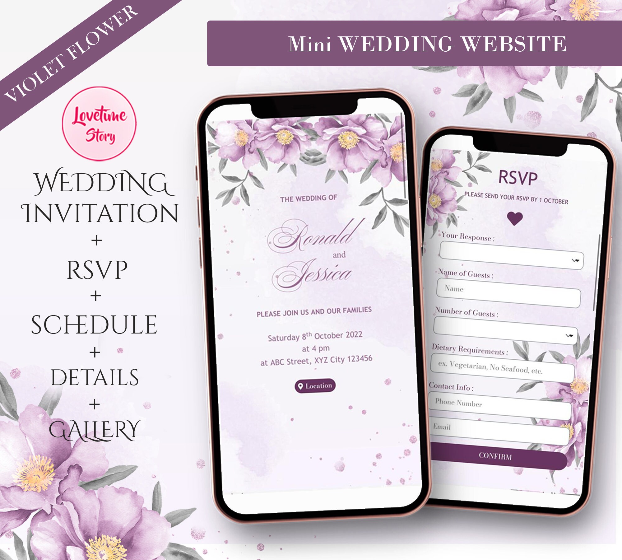 Digital Wedding Invitation & RSVP - Mini Wedding Website - Violet ...