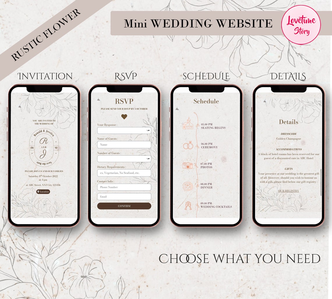 Digital Wedding Invitation & RSVP Mini Wedding Website Rustic Flower ...