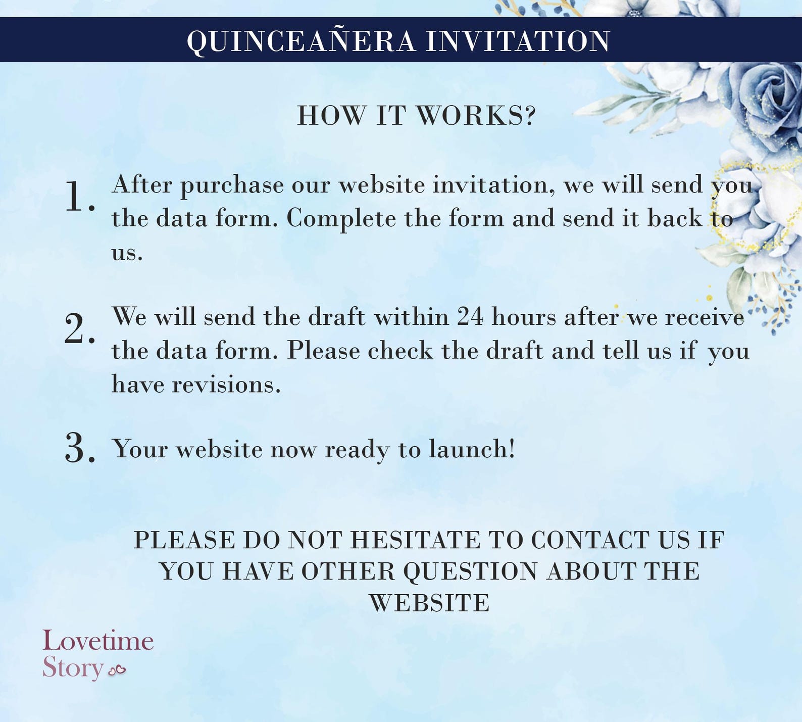 Blue Floral Quinceanera Invitation With RSVP, Mis Quince Digital Invite ...