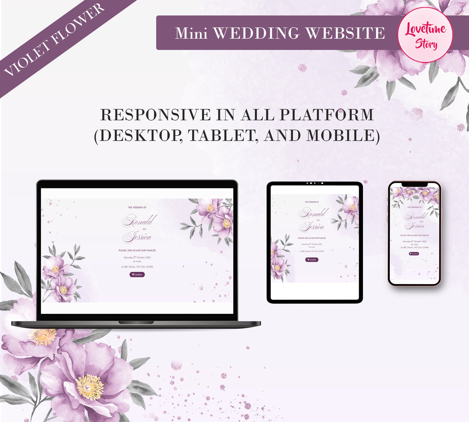 Digital Wedding Invitation & RSVP - Mini Wedding Website - Violet ...