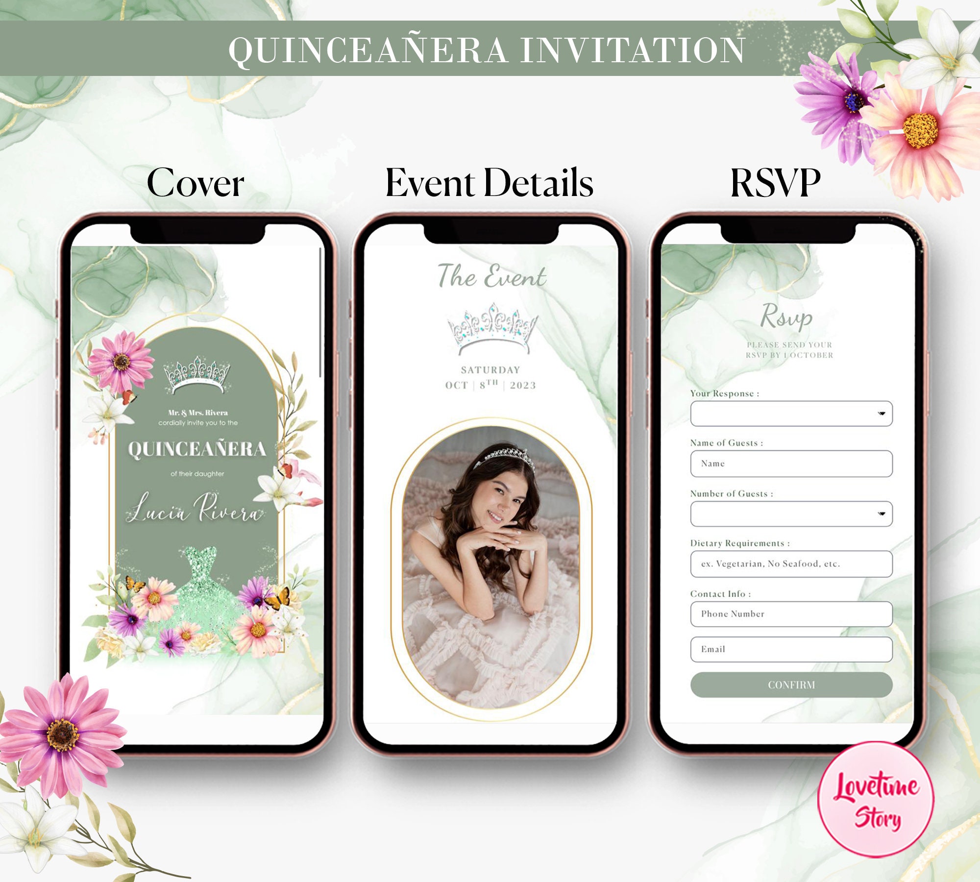 Quince Invitation RSVP Online Digital Quinceanera Spanish Emerald Green ...