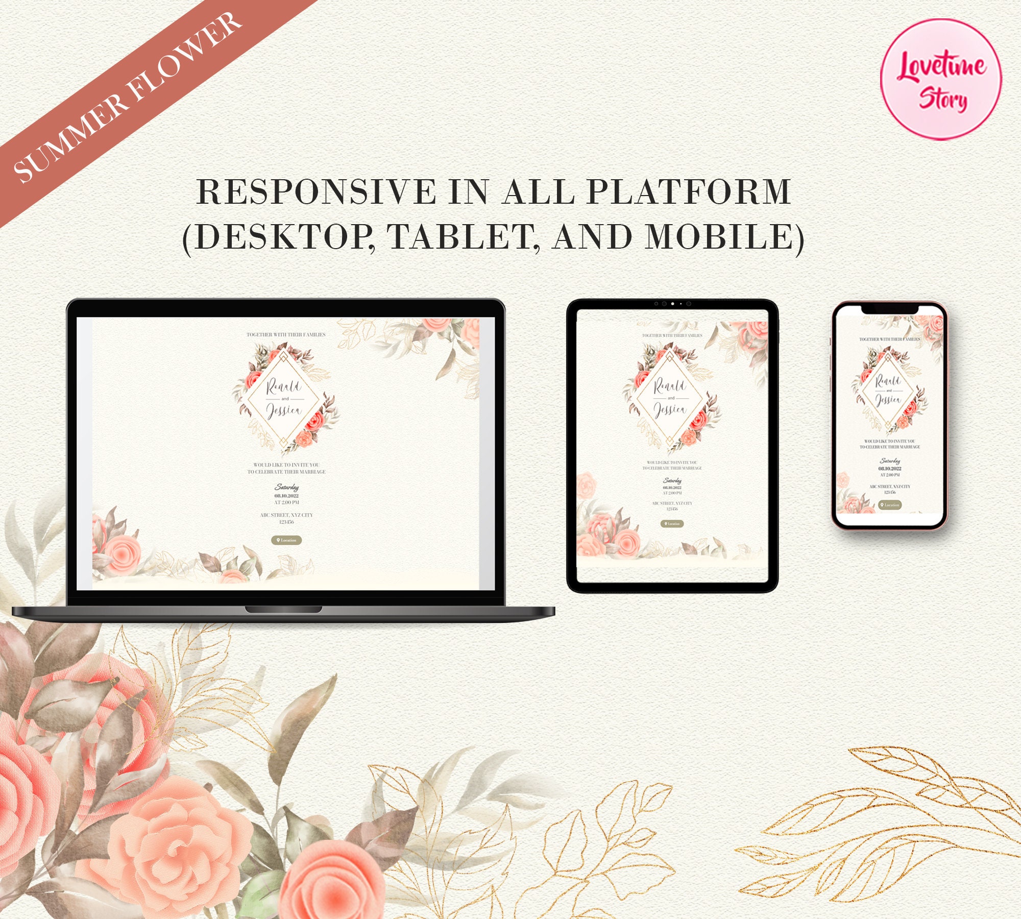 Wedding Website Invitation Online Digital & RSVP - Summer Flower Rose ...