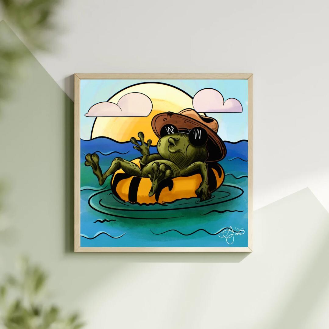 Relaxed Frog Art Print Summer Frog Illustration, Cute Chill Frog Wall ...