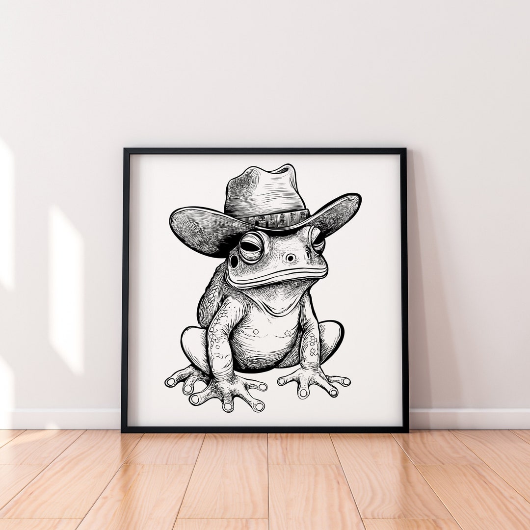 Cowboy Frog Wearing Cowboy Hat Playful Line Art Illustration 8x8 ...