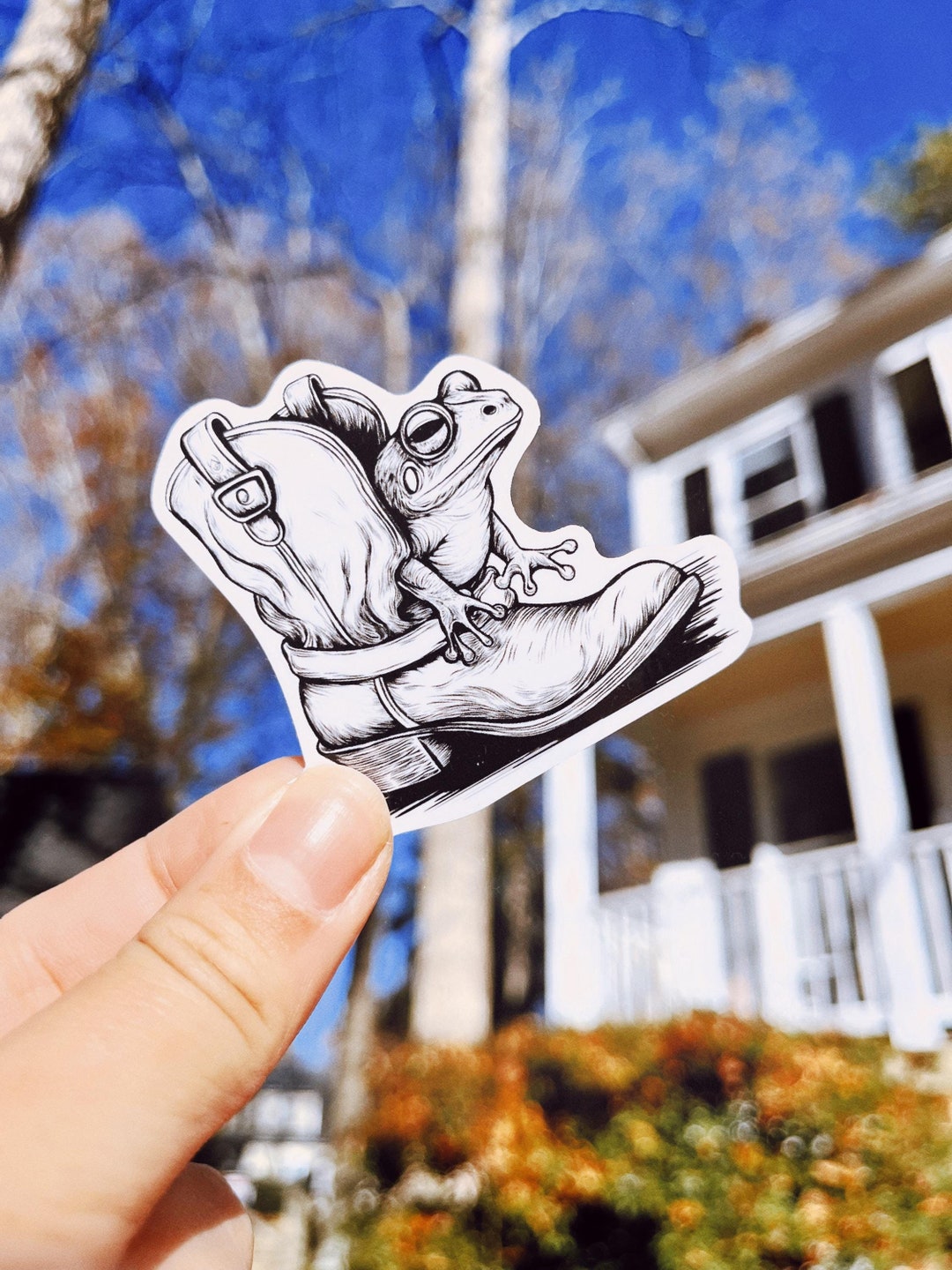 Frog Climbing Cowboy Boot Vinyl Sticker | Whimsical Black and White Art ...