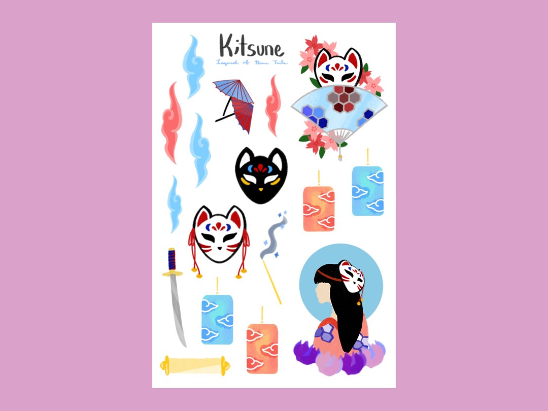 Kitsune Sticker Sheet Kawaii Bullet Journal Planner Anime Scrapbook Fox ...