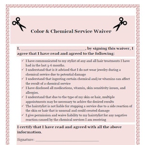 EASY Waiver -color and Chemical Services - Hair Stylist Form - Salon ...