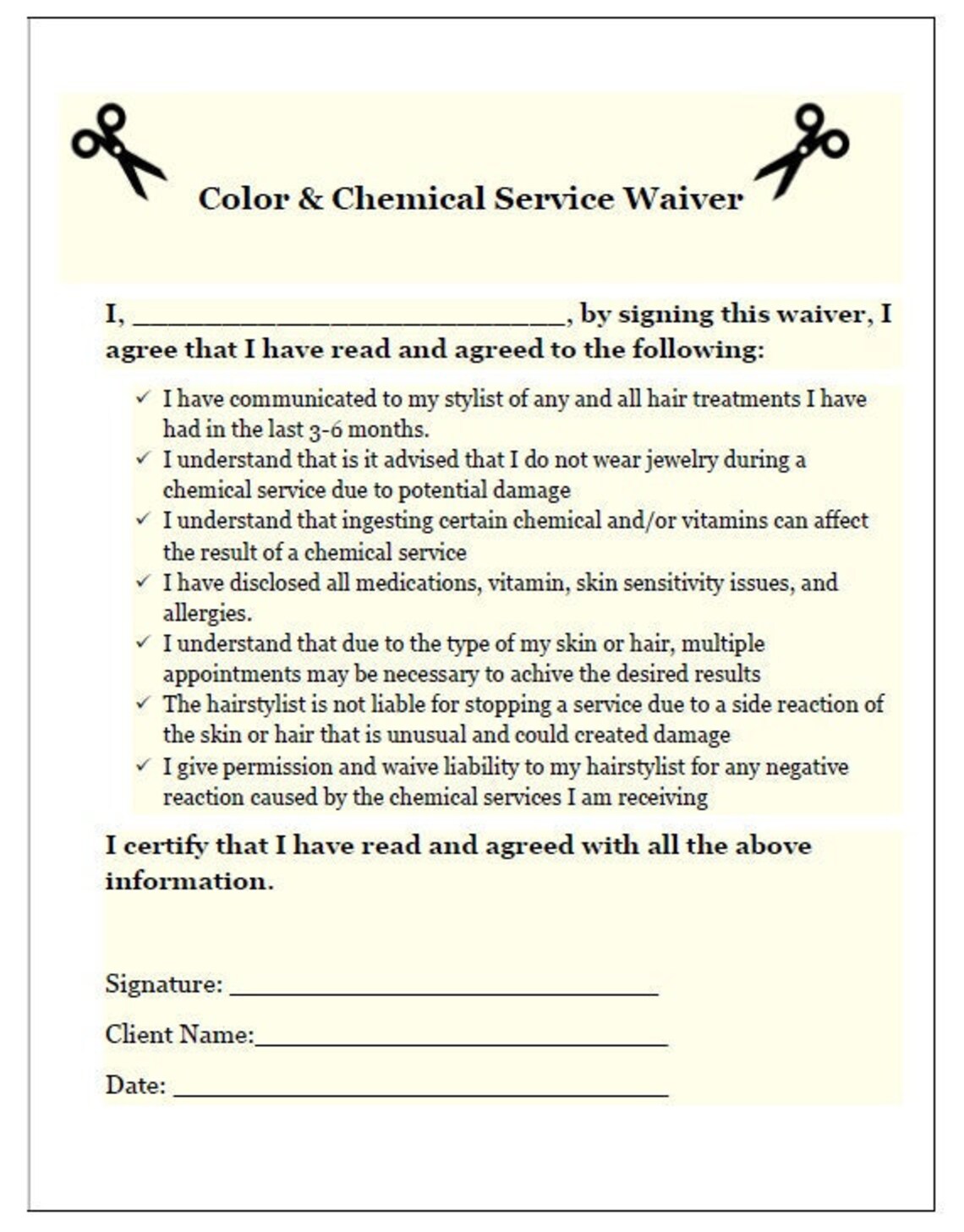 EASY Waiver -color and Chemical Services - Hair Stylist Form - Salon ...