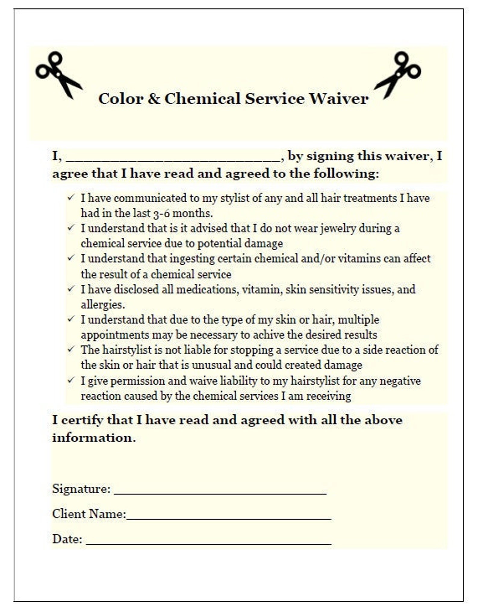 EASY Waiver -color and Chemical Services - Hair Stylist Form - Salon ...
