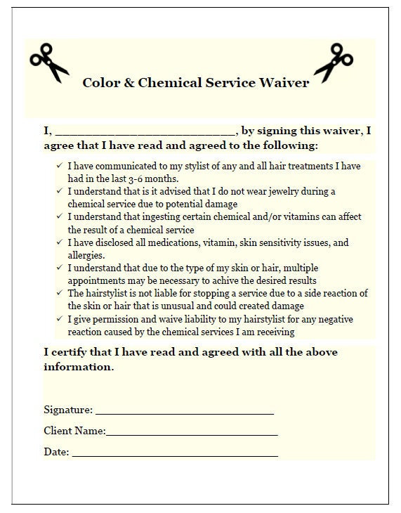 EASY Waiver -color and Chemical Services - Hair Stylist Form - Salon ...