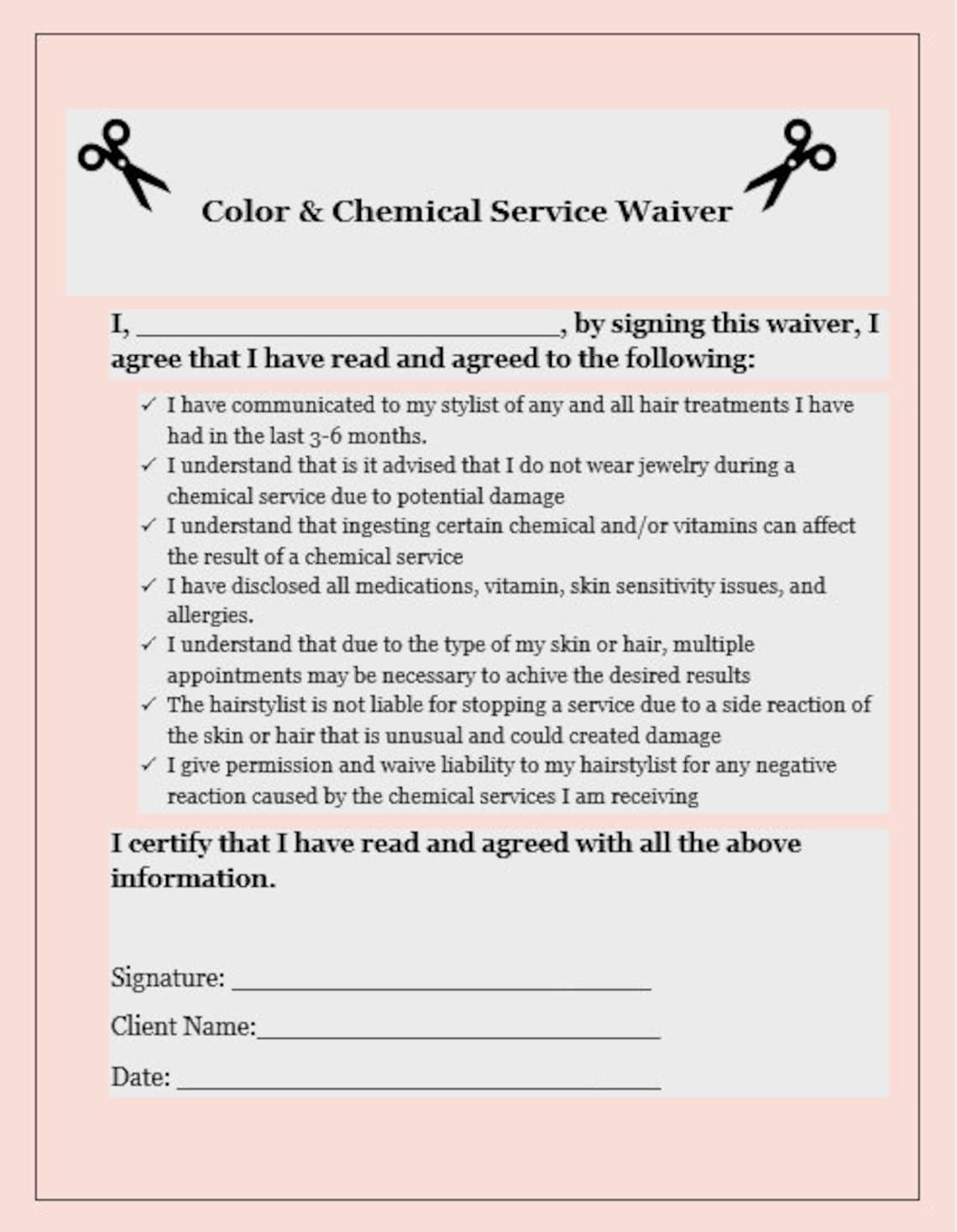 EASY Waiver -color and Chemical Services - Hair Stylist Form - Salon ...