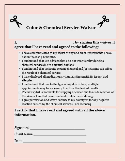 EASY Waiver -color and Chemical Services - Hair Stylist Form - Salon ...