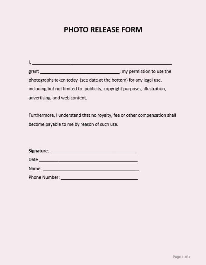 EASY Photo Release Form - General Digital Print and Template. Customize ...