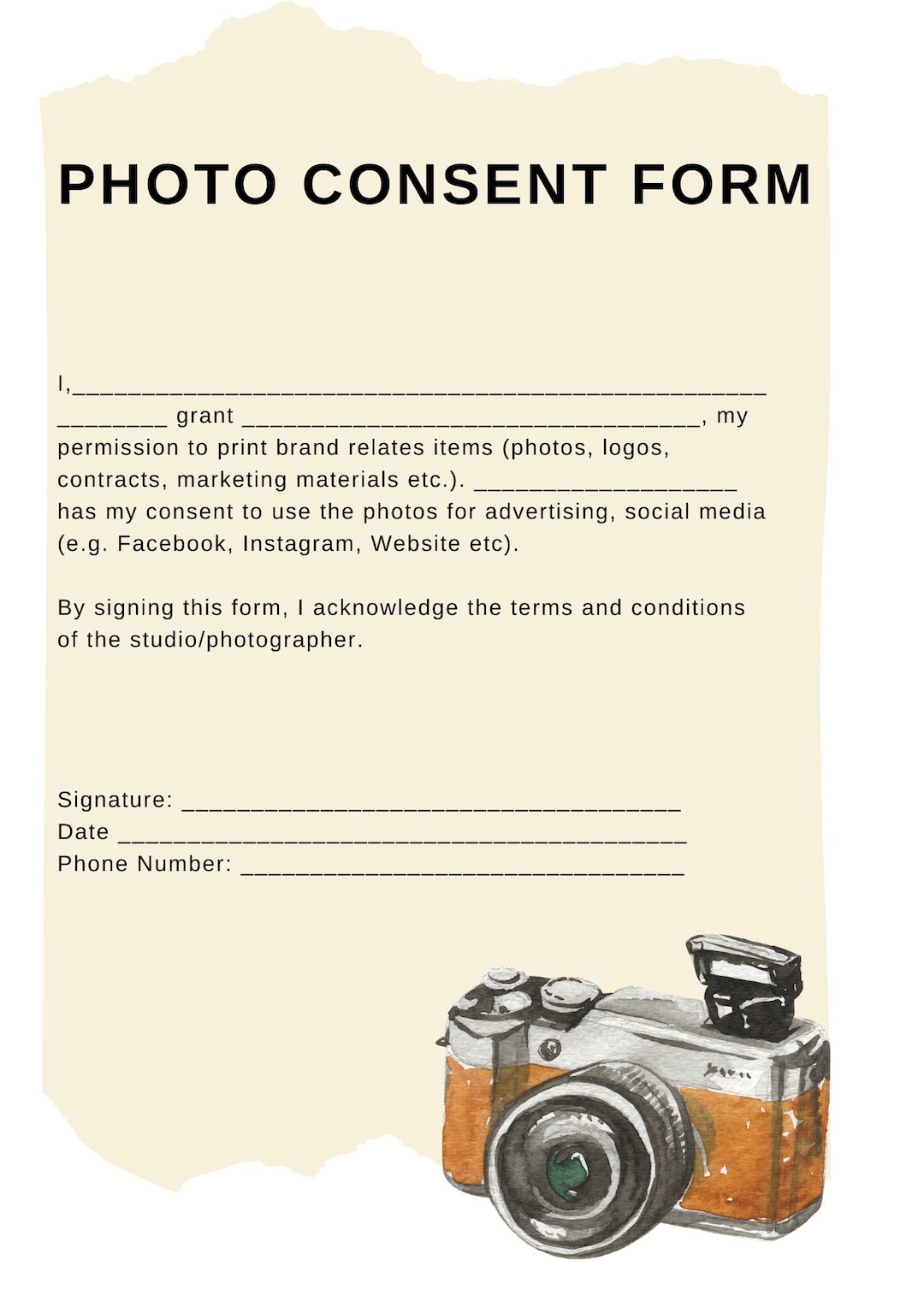 Photo Release Form General Retro | Photo Consent Form | Photo Waive ...