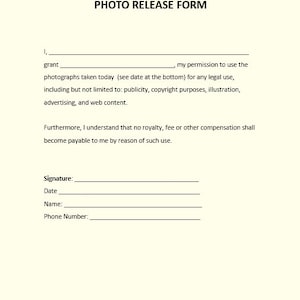 EASY Photo Release Form - General Digital Print and Template. Customize ...