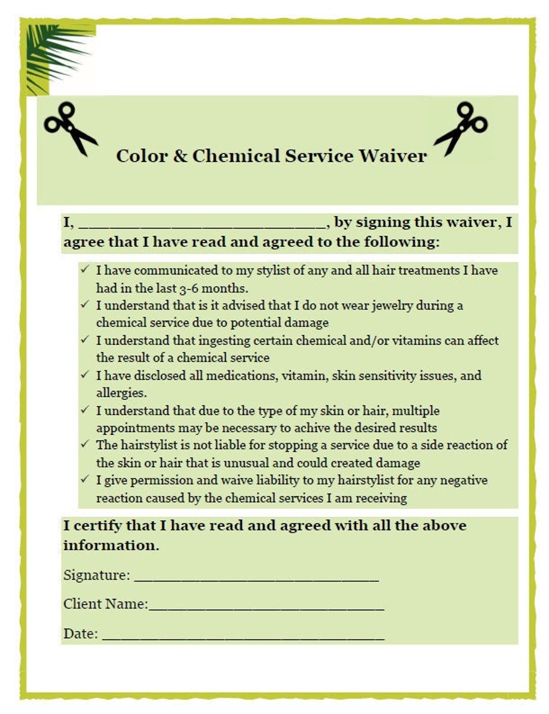 EASY Waiver -color and Chemical Services - Hair Stylist Form - Salon ...