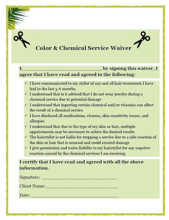 EASY Waiver color and Chemical Services Hair Stylist Form - Etsy