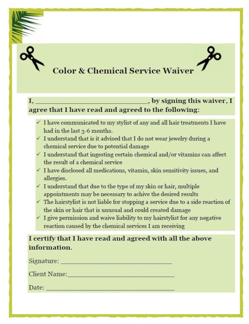 EASY Waiver -color and Chemical Services - Hair Stylist Form - Salon ...
