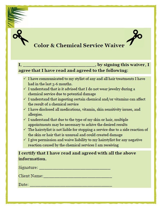 EASY Waiver -color and Chemical Services - Hair Stylist Form - Salon ...