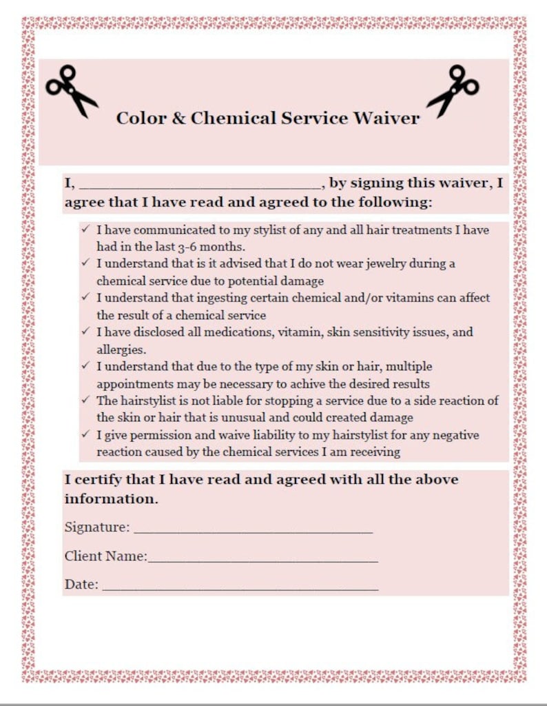 EASY Waiver -color and Chemical Services - Hair Stylist Form - Salon ...