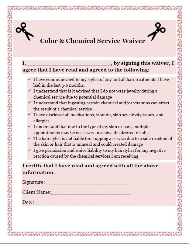 EASY Waiver -color and Chemical Services - Hair Stylist Form - Salon ...