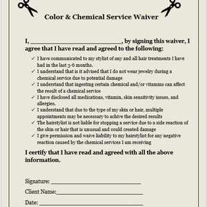 EASY Waiver -color and Chemical Services - Hair Stylist Form - Salon ...